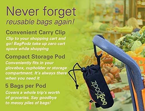 BagPodz Reusable Shopping Bags Inside a Compact Pod with Carry Clip RipStop Nylon Holds 50lbs Very Sturdy, 5 Pack in Blue