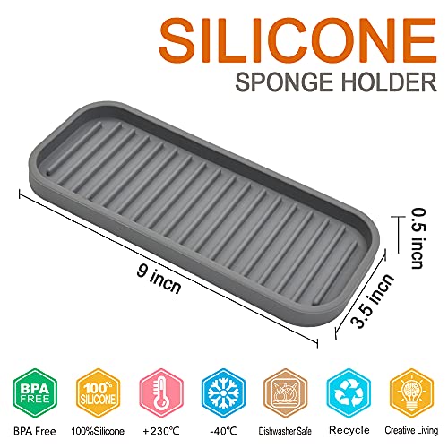 silicone sponge holder - dish soap holder for kitchen counter 2 Pack, Waterproof sponge soap tray for kitchen sink bathroom, Multipurpose sink caddy organizer for soap dispenser Scrubbers Makeup Gray