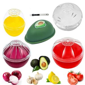 yamesu onion garlic lemon avocado storage keeper holder for fridge, bpa free tomato vegetable shaped food saver/storage containers, 5-piece set bundle with a brush