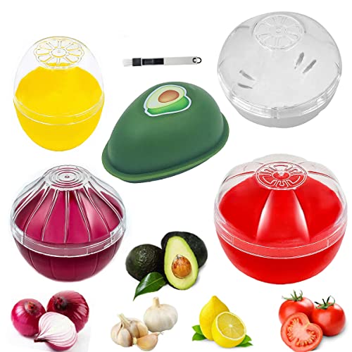 Yamesu Onion Garlic Lemon Avocado Storage Keeper Holder for Fridge, BPA Free Tomato Vegetable Shaped Food Saver/Storage Containers, 5-piece Set Bundle with a Brush