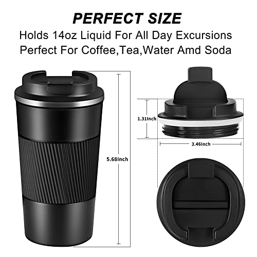 Coffee Travel Mug,14OZ Double Walled Insulated Vacuum Coffee Tumbler With Leakproof Flip Insulated Coffee Mug, For Hot And Cold Water Coffee And Tea In Travel Car Office School Camping (Black, 14OZ)