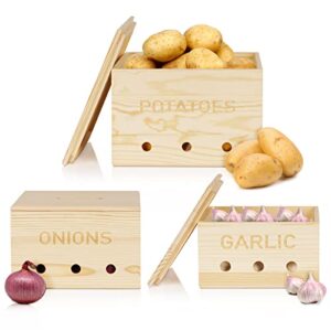 edudif potato and onion storage bin wooden potato storage set of 3 stackable onion storage with aerating storage holes for potato onion garlic container