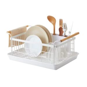 yamazaki home sink removeable drainer tray, kitchen drying organizer holder, one size, white steel + wood | dish rack