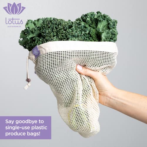 Lotus Sustainables Premium 100% Organic Cotton Reusable Produce Bags | Eco-Friendly Mesh Produce Bags For Groceries | Machine Washable Vegetable/Fruit Bag | Set of 5