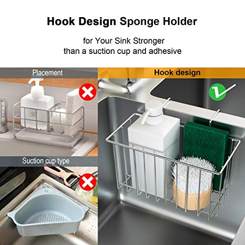 Dullrout Kitchen Sink Sponge Holder, Super Sturdy Hooked Design Kitchen Sink Caddy Organizer for Dish Cloth, Soap Dishwashing Liquid Drainer, Rustproof & Durable