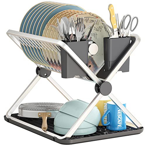 Dish Drying Rack, Rustproof Aluminum Collapsible 2-Tier Dish Drainer Rack with Drainboard and 2 Utensil Holders for Kitchen Counter, Silver Grey