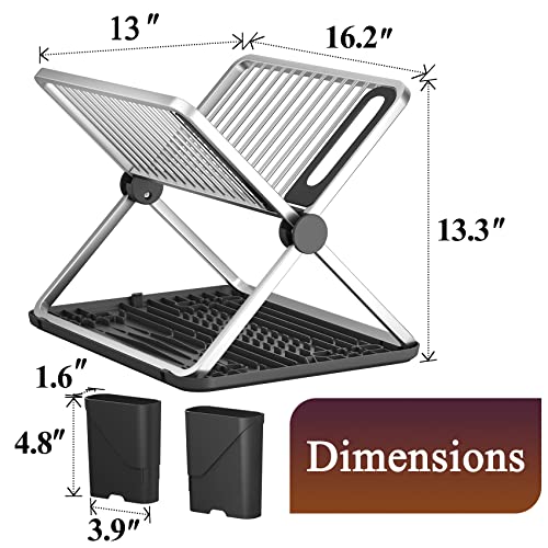 Dish Drying Rack, Rustproof Aluminum Collapsible 2-Tier Dish Drainer Rack with Drainboard and 2 Utensil Holders for Kitchen Counter, Silver Grey