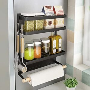 magnetic spice rack, strong magnet 2-tier shelf with paper towel holder, magnetic fridge organizer for refrigerator in kitchen