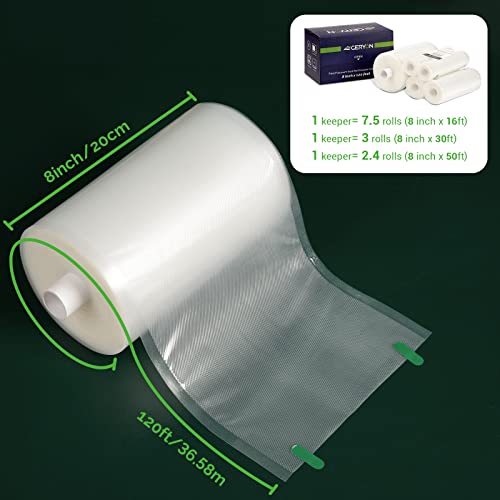 GERYON Vacuum Sealer Bags for Food, 8x120ft Rolls with Slide Cutter for All Vacuum Sealer Machine, BPA Free, Safe for Food Storage, Meal Prep and Sous Vide