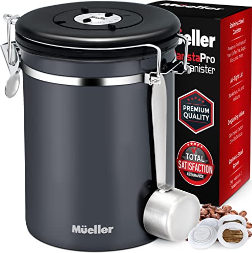 Mueller Coffee Canister Stainless Steel Container for Coffee Beans or Grounds, Tea, Sugar, Rice - Day and Month Tracker, Built-In Calendar Wheel - 21oz Capacity - Stainless Steel Spoon Included