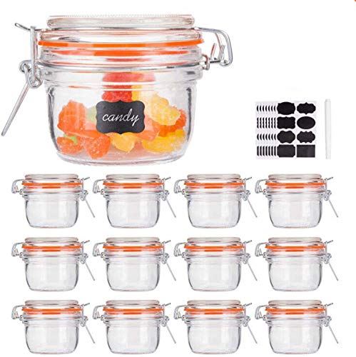 Small Glass Jars With Airtight Lids,Encheng Glass Spice Jars 5 oz,Maosn Jars With Leak Proof Rubber Gasket 150ml,Glass Storage Containers With Hinged Lid,Kitchen Canisters 12 Pack … …