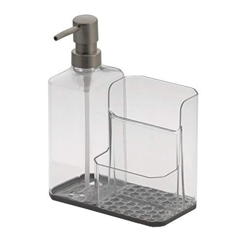 Spectrum Diversified Hexa Sponge & Brush Kitchen Organizer with Refillable Soap Pump, Sponge & Dish, Easy-Clean Sink Organization & Dish Brush Holder with Removable Base, Clear & Gray