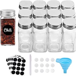 ROYALHOUSE 12 Pcs Glass Spice Jars/Bottles - 4oz Empty Square Spice Containers with Spice Labels and Airtight Metal Caps with Shaker Lids