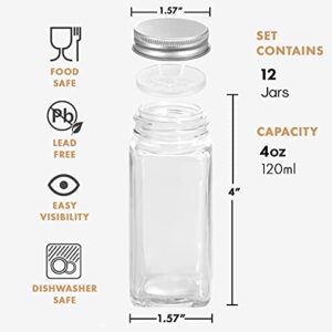 ROYALHOUSE 12 Pcs Glass Spice Jars/Bottles - 4oz Empty Square Spice Containers with Spice Labels and Airtight Metal Caps with Shaker Lids