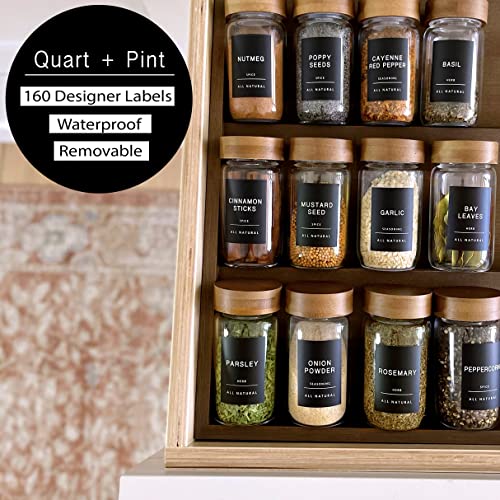 Quart + Pint 160 Spice Jar Labels: Minimalist Matte Black Sticker White Text. Waterproof Stickers. Organization for Jars Bottles Containers Bins. Storage Rack Systems for Kitchen & Pantry Labels.