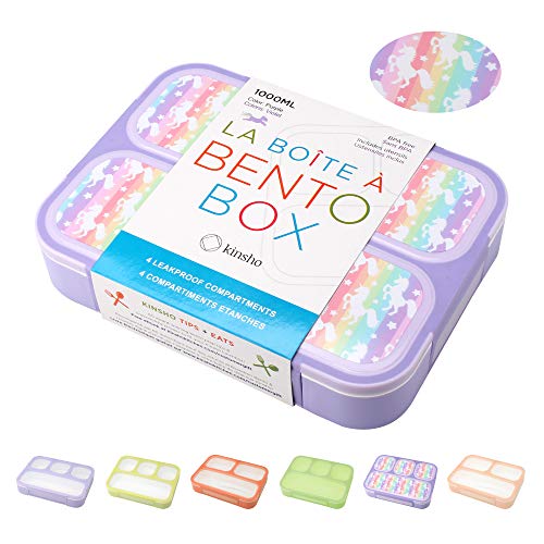 Unicorn Bento Lunch Box for Girls, Kids | Snack Containers with 4 Compartment Dividers, Boxes for Toddlers Pre-School Daycare Tween Lunches BPA Free, Food and Microwave Safe | Purple Rainbow Unicornio