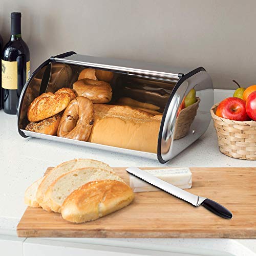 ENLOY Bread Box for Kitchen Counter, Stainless Steel Roll Top Bread Bin, Sliver Bread Storage Holder with Lid, Large Capacity Bread Keeper, 17 x 11 x 7 Inches