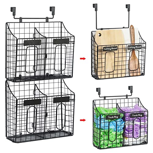 Dispenser Plastic Bag Holder With Detachable Grid Divider, Bag Saver Over the Cabinet Door Organizer with Nameplates for Trash Grocery Bags Cuttingboard Holder for Kitchen Storage Hanging&Wall Mounted