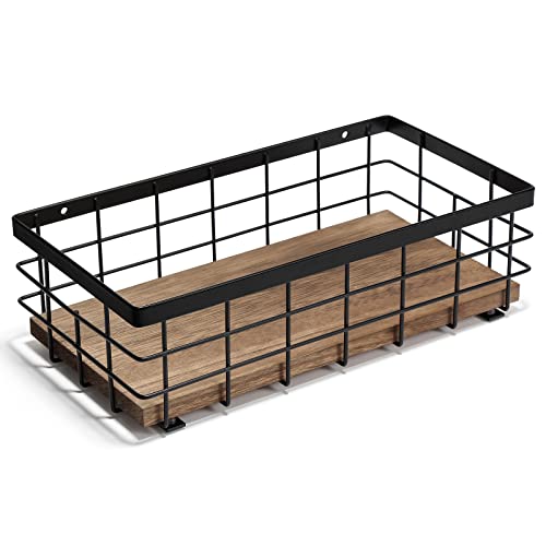 TJ.MOREE Small Metal Wire Basket, Decorative Wood Base Organizer for Bathroom, Kitchen, Basket for Toilet Paper Storage, Sugar Packet, Coffee Syrup, Guest Towel, Napkin