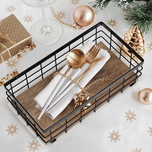 TJ.MOREE Small Metal Wire Basket, Decorative Wood Base Organizer for Bathroom, Kitchen, Basket for Toilet Paper Storage, Sugar Packet, Coffee Syrup, Guest Towel, Napkin