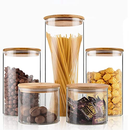 Glass Food Storage Jars Set of 5,Glass Storage Containers Clear Glass Food Canister with Bamboo Lid Airtight For Serving Tea, Coffee, Flour, Sugar, Candy, Cookie, Spice and More (Circular)