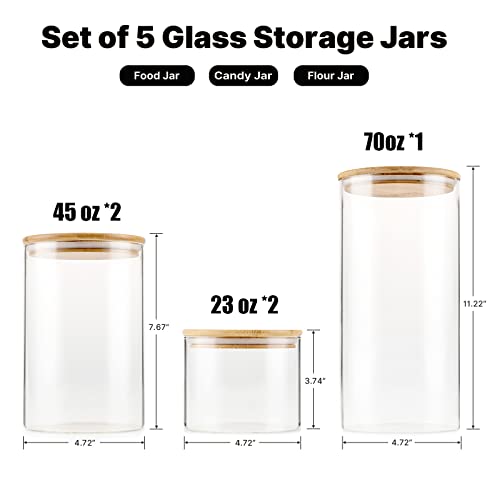 Glass Food Storage Jars Set of 5,Glass Storage Containers Clear Glass Food Canister with Bamboo Lid Airtight For Serving Tea, Coffee, Flour, Sugar, Candy, Cookie, Spice and More (Circular)