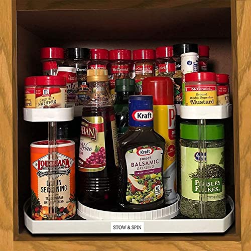 Stow-n-Spin Spice Rack Organizer for Cabinet 2 Tier Lazy Susan Organizer Holds 40 Spice Jars with Double Spinner on Bottom Spice Shelf for Kitchen Pantry Organization and Storage Made in USA