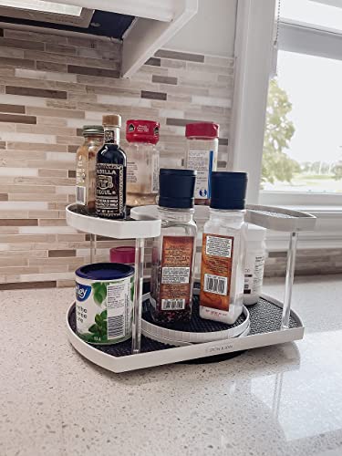 Stow-n-Spin Spice Rack Organizer for Cabinet 2 Tier Lazy Susan Organizer Holds 40 Spice Jars with Double Spinner on Bottom Spice Shelf for Kitchen Pantry Organization and Storage Made in USA