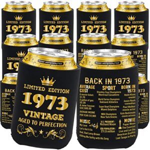 backuryear 50th birthday decorations for women men, 50 years old birthday decor, fifty birthday party supplies, 50th birthday party beverage can cooler sleeves, black & gold (12 pcs)