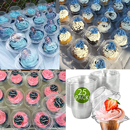 Meygajoe 2023 Update Individual Cupcake Containers, Single Compartment Clear Disposable Cupcake Carrier Holder Box With Lid - Stackable - Deep Dome - Clear Plastic - BPA-Free- (Pack of 25)