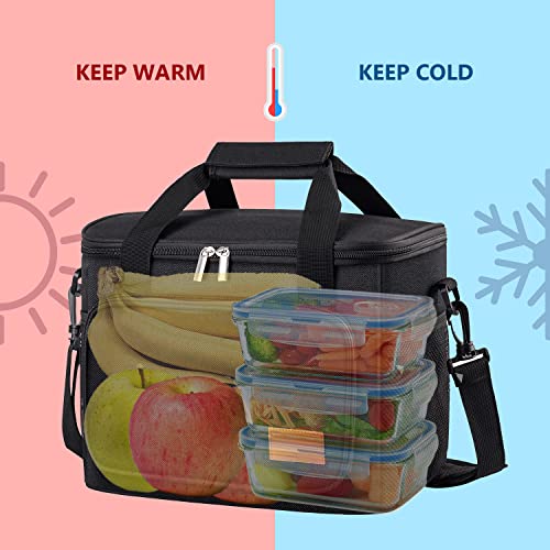 Large Insulated Lunch Bag for Men, 24 Cans (15L) Water-resistant Leakproof Lunch Box Pail for Women Adult, Reusable Bento Soft Cooler Tote for Work Office with Shoulder Strap & Pockets, Black