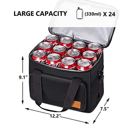 Large Insulated Lunch Bag for Men, 24 Cans (15L) Water-resistant Leakproof Lunch Box Pail for Women Adult, Reusable Bento Soft Cooler Tote for Work Office with Shoulder Strap & Pockets, Black