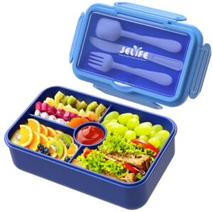 jelife bento lunch box for kids – leakproof large bento-style bento boxes with 4 compartments portions lunch box with tableware for kids back to school, reusable on-the-go meal and snack packing, blue