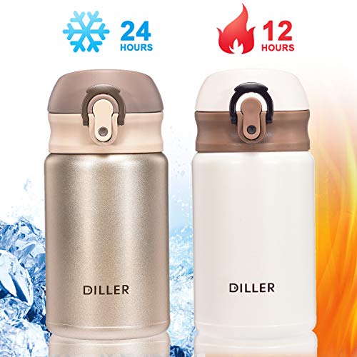 Diller Thermal Water Bottle - 10 Oz Mini Insulated Stainless Steel Bottle, Leakproof Cute Vacuum Flask, Perfect for Purse or Kids Lunch Bag, 12 Hours Hot & 24 Hours Cold (Gold, 10 oz)