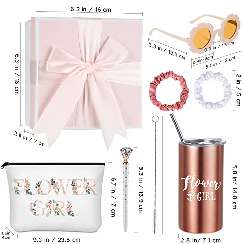 9 Pcs Flower Girl Gifts Set Personalized Flower Girl Tumbler with Straw Be My Flower Girl Card Bride Gift Box Canvas Bag Sunglasses Hair Ring Diamond Pen Envelope Bride Gifts for Wedding Party