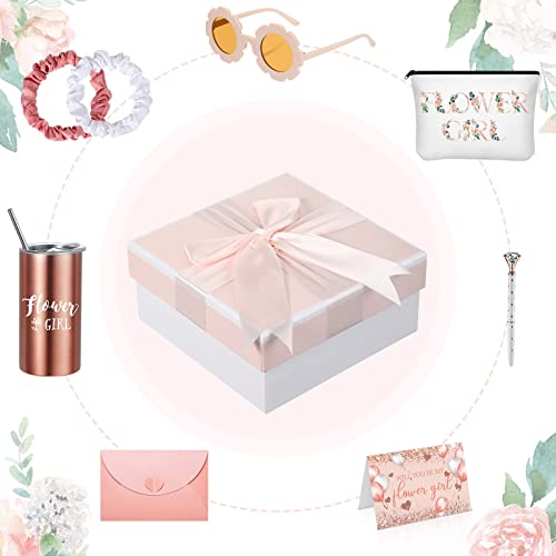 9 Pcs Flower Girl Gifts Set Personalized Flower Girl Tumbler with Straw Be My Flower Girl Card Bride Gift Box Canvas Bag Sunglasses Hair Ring Diamond Pen Envelope Bride Gifts for Wedding Party