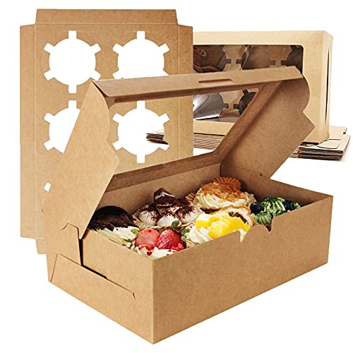 24 PCS Cupcake Boxes with Window & Insert - OAMCEG 9x6x3 Inch Kraft Cupcake Container 6 Cavity Bakery Pastry Dessert Muffin Cookie Treat Boxes, Brown Cupcake Carrier Holders with Stickers & Jute Twine