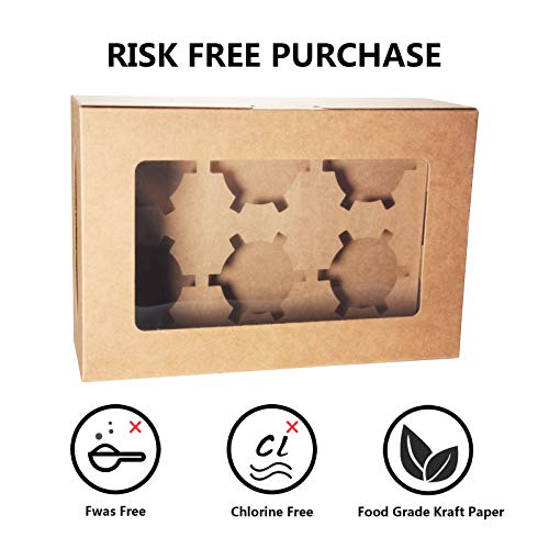 24 PCS Cupcake Boxes with Window & Insert - OAMCEG 9x6x3 Inch Kraft Cupcake Container 6 Cavity Bakery Pastry Dessert Muffin Cookie Treat Boxes, Brown Cupcake Carrier Holders with Stickers & Jute Twine