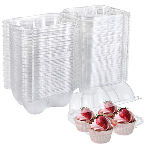 Bekith 60 Count 4-Compartment Plastic Cupcake Containers - Disposable Cupcake Trays Holder Carrier Box with Lids for Cupcakes & Muffins - Hinged Lock Cupcake Clamshell - Deep Cups for Cupcake Storage