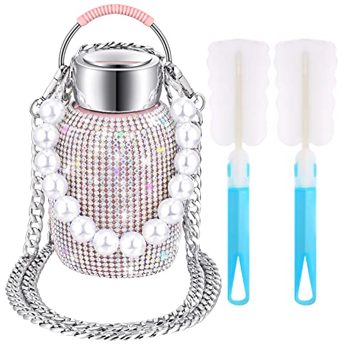 Diamond Water Bottle Rhinestone Stainless Steel Bling Vacuum Flask Refillable Insulated Thermal Bottle with Chain Glitter Water Bottle with Pearl Bracelet for Women