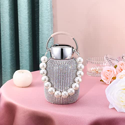 Diamond Water Bottle Rhinestone Stainless Steel Bling Vacuum Flask Refillable Insulated Thermal Bottle with Chain Glitter Water Bottle with Pearl Bracelet for Women