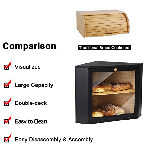 HOMEKOKO Double Layers Bamboo Corner Bread Box for Kitchen Counter, Wooden Large Capacity Bamboo Bread Food Storage Bin (Black)