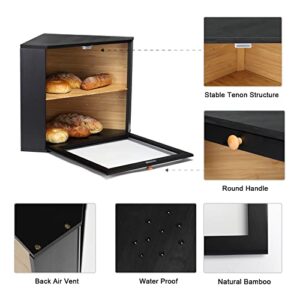 HOMEKOKO Double Layers Bamboo Corner Bread Box for Kitchen Counter, Wooden Large Capacity Bamboo Bread Food Storage Bin (Black)