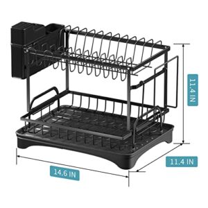 QEWEEQ Dish Drying Rack with Drainboard Set, Stainless Steel 2-Tier Dish Racks for Kitchen Counter,Collapsable Dish Drainers with Cup Rack, Utensil Holder and Cutting Board Holder, Black