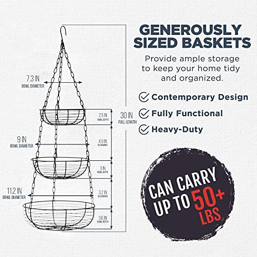 Culinary Couture Hanging Fruit Basket for Kitchen, 3-Tier Heavy-Duty Hanging Wire Baskets for Organizing, Minimalist Fruit Hanging Baskets for Kitchen, Black