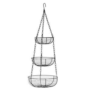 Culinary Couture Hanging Fruit Basket for Kitchen, 3-Tier Heavy-Duty Hanging Wire Baskets for Organizing, Minimalist Fruit Hanging Baskets for Kitchen, Black