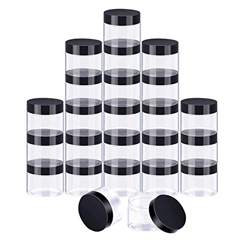 SATINIOR 24 Pieces Empty Clear Plastic Jars with Lids Round Storage Containers Wide-Mouth for Beauty Product Cosmetic Cream Lotion Liquid Slime Butter Craft and Food (Black Lid, 2 oz)