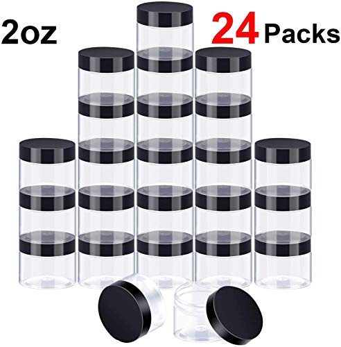 SATINIOR 24 Pieces Empty Clear Plastic Jars with Lids Round Storage Containers Wide-Mouth for Beauty Product Cosmetic Cream Lotion Liquid Slime Butter Craft and Food (Black Lid, 2 oz)