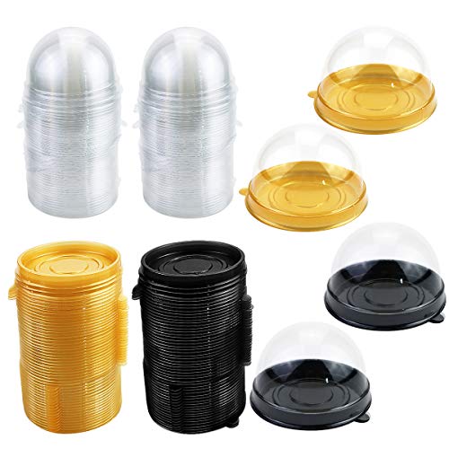 Pralb 100 Set Clear Plastic Mini Cupcake Boxes Muffin Pod Dome Muffin Single Container Box Wedding Birthday Gifts Supplies,70mm X 45mm(Dia X H),for Cheese Pastry Dessert Mooncake(50 Gold/50 Black)