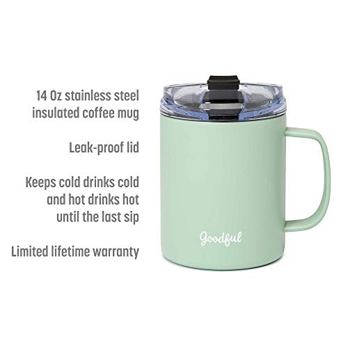 Goodful Travel Mug, Stainless Steel Insulated, Double Wall Vacuum Sealed Coffee Cup with Leak Proof Lid, 14 Ounce, Sage